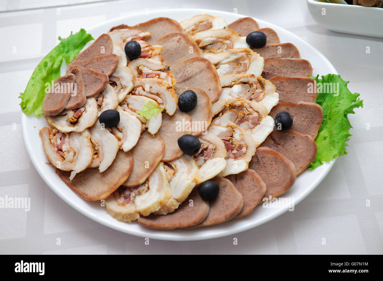 Appetizing meat slices is spread out to plate Stock Photo - Alamy
