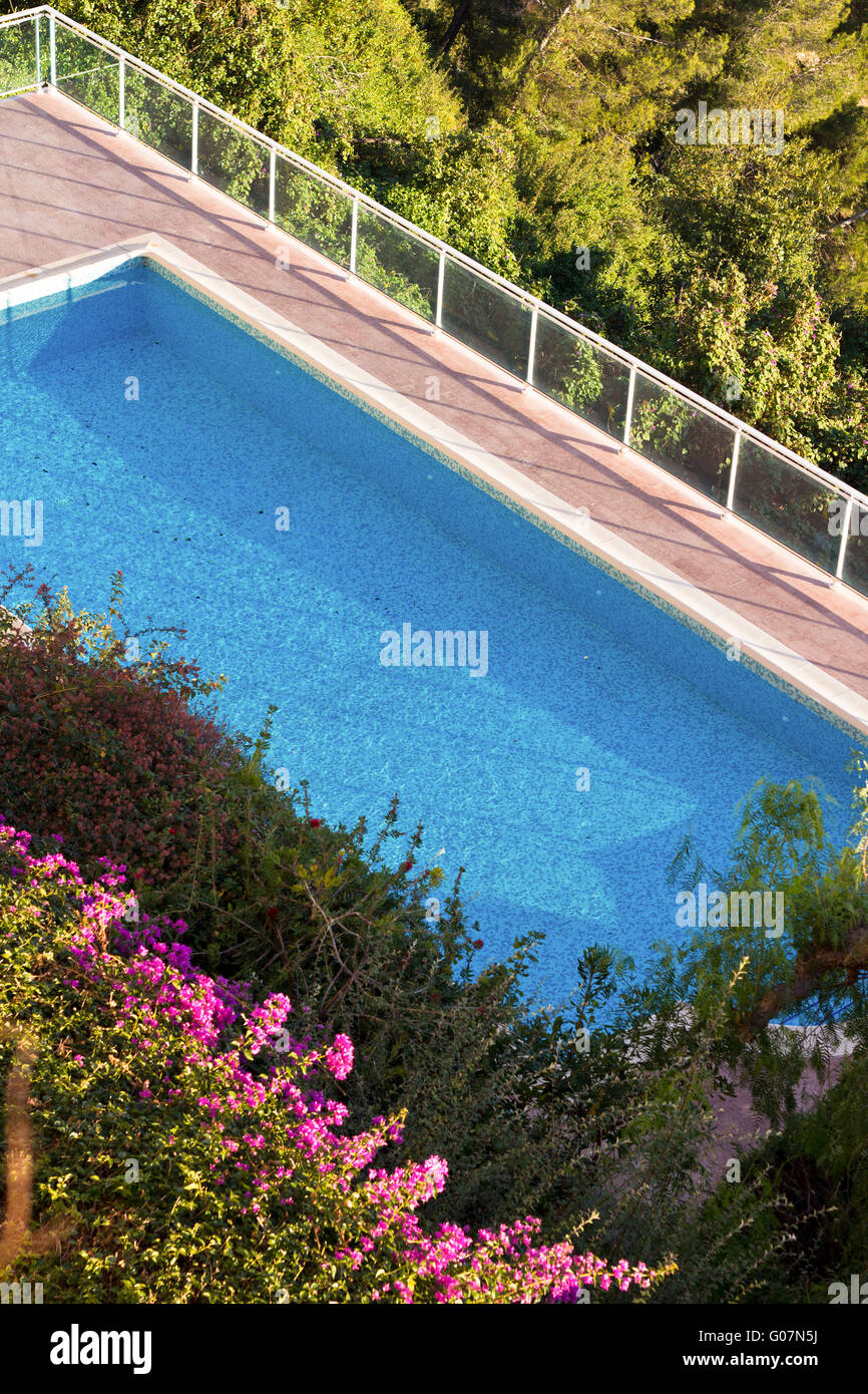 Blue Pool In The Summer Sun With Flowers On The Side Stock Photo - Alamy