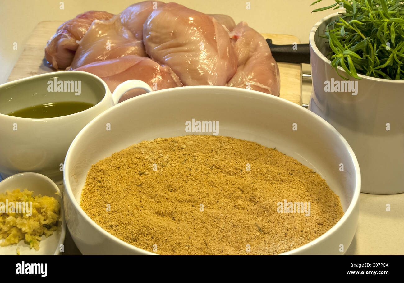 Ingredients for the preparation of breaded fried c Stock Photo - Alamy