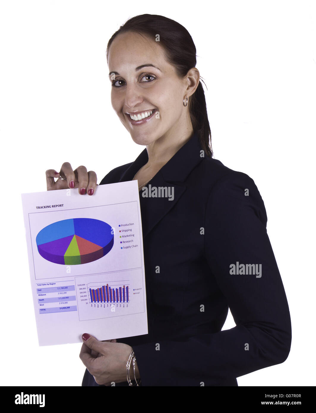 Smiling business woman showing a report document Stock Photo - Alamy
