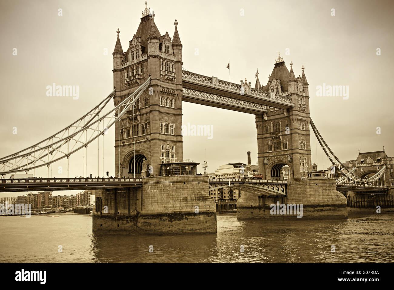 Vintage view of Tower Bridge, London. Sepia toned Stock Photo - Alamy