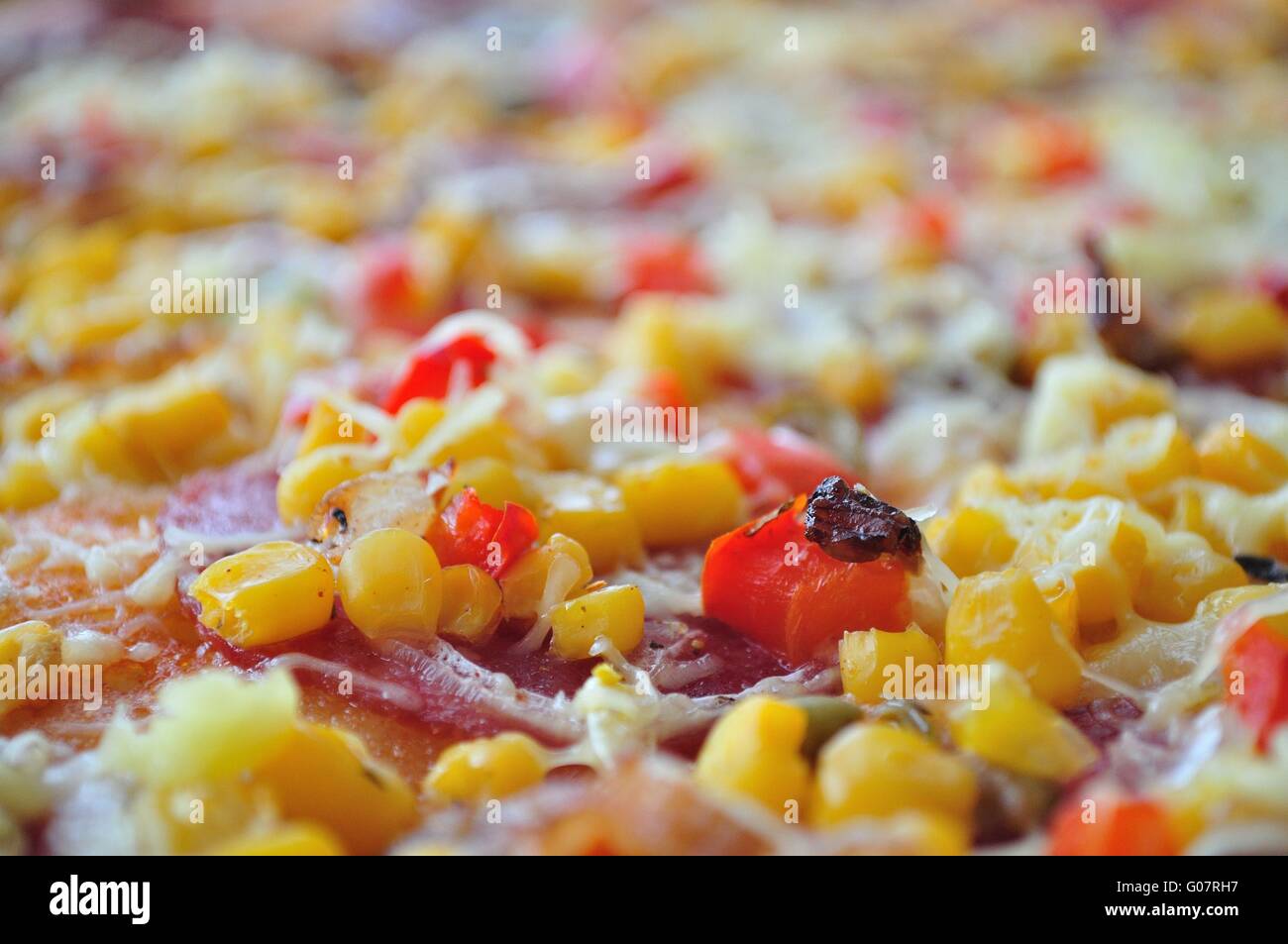 Detail view of delicious pizza with corn. Food background Stock Photo ...