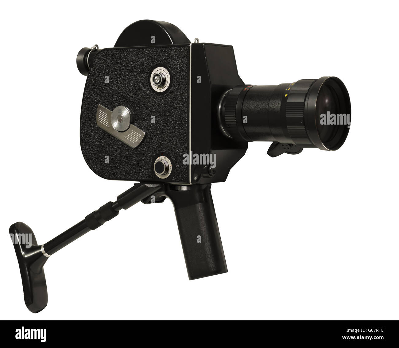 Old Fashioned movie camera close-up isolated on a white background ...