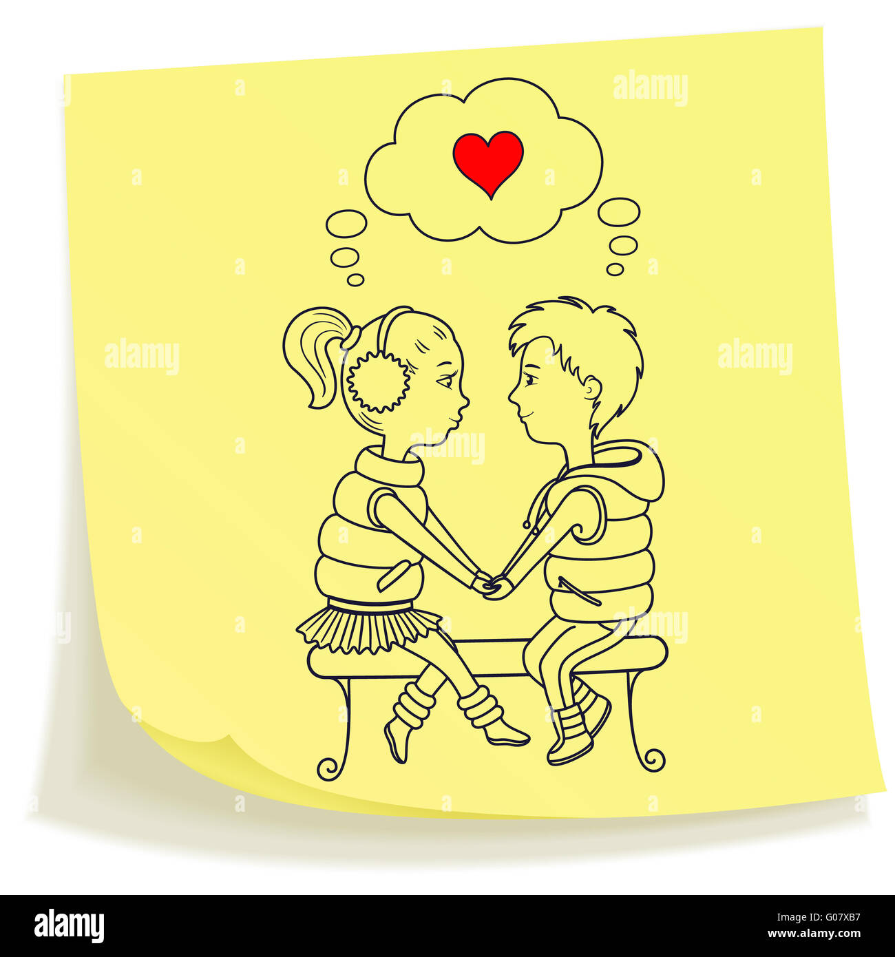 Sticky note with drawn teens couple in love Stock Photo - Alamy