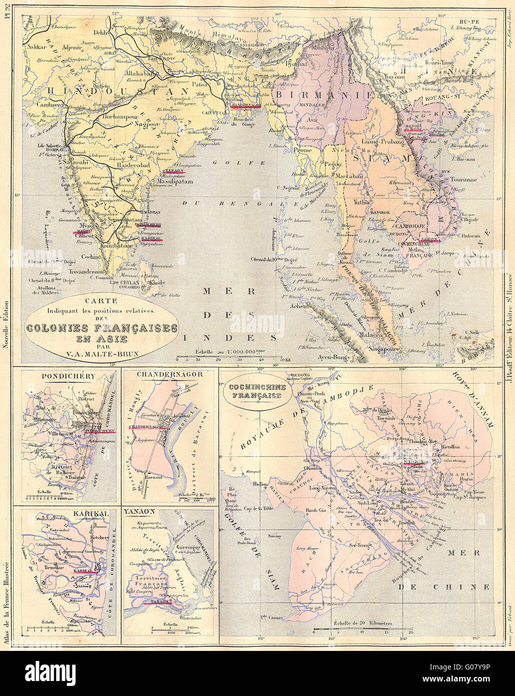 INDIA: Pondichery; Chandannagar; Yanam; Vietnam, 1884 antique map Stock ...