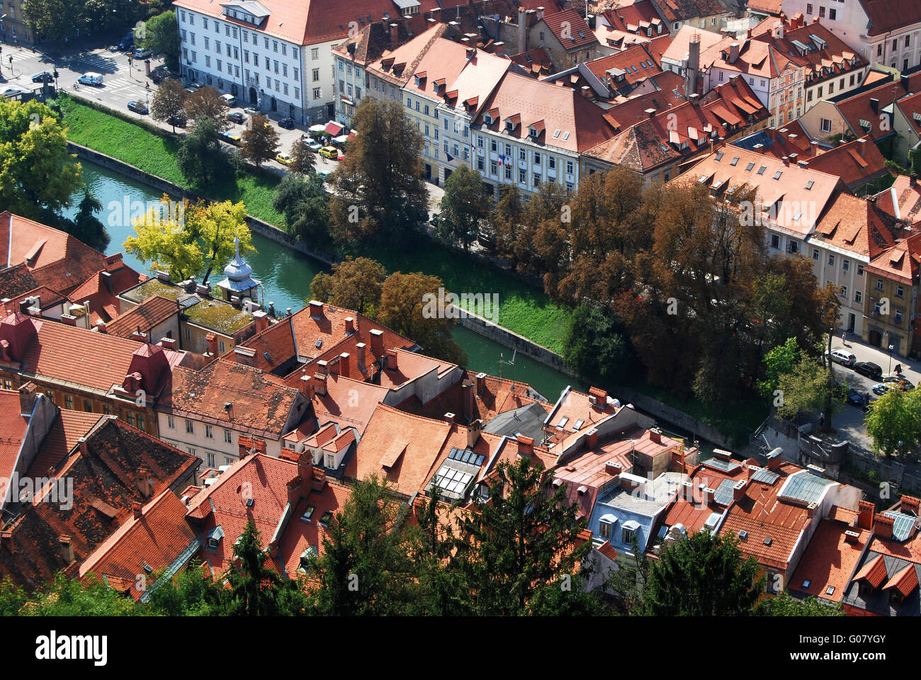Old European town from above view, river Stock Photo - Alamy
