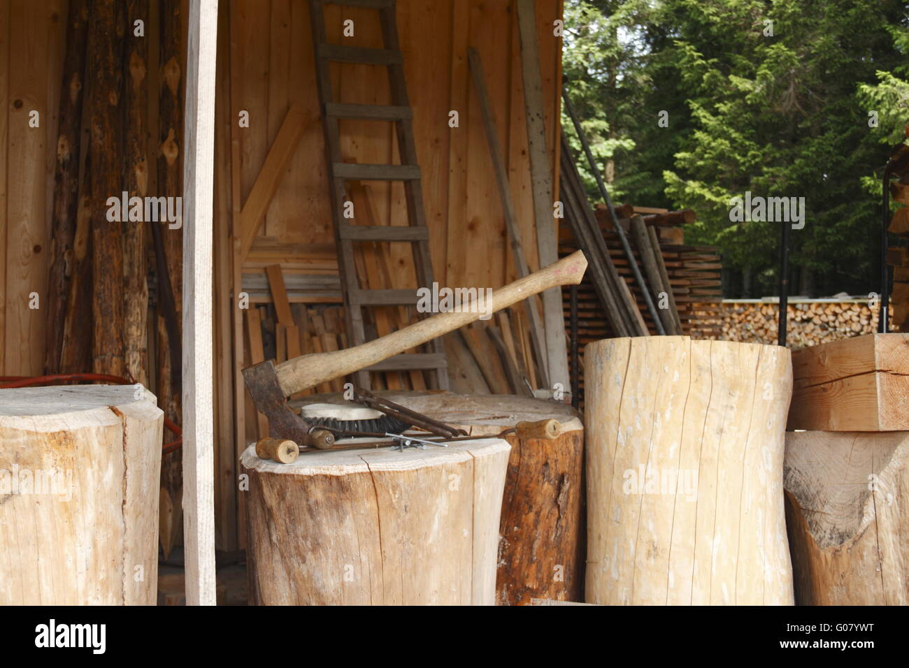 Ax in a chopping block Stock Photo - Alamy