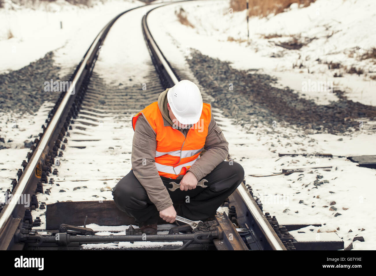 Railroad worker with adjustable wrench in the han Stock Photo - Alamy