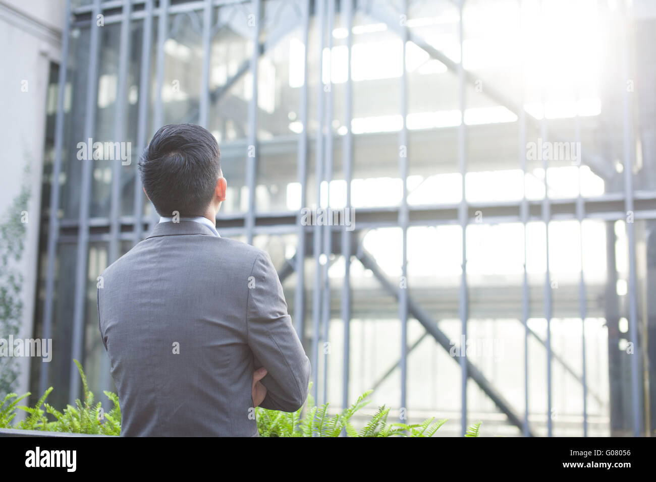 Ambitious business man from the back - looking at glass building ...