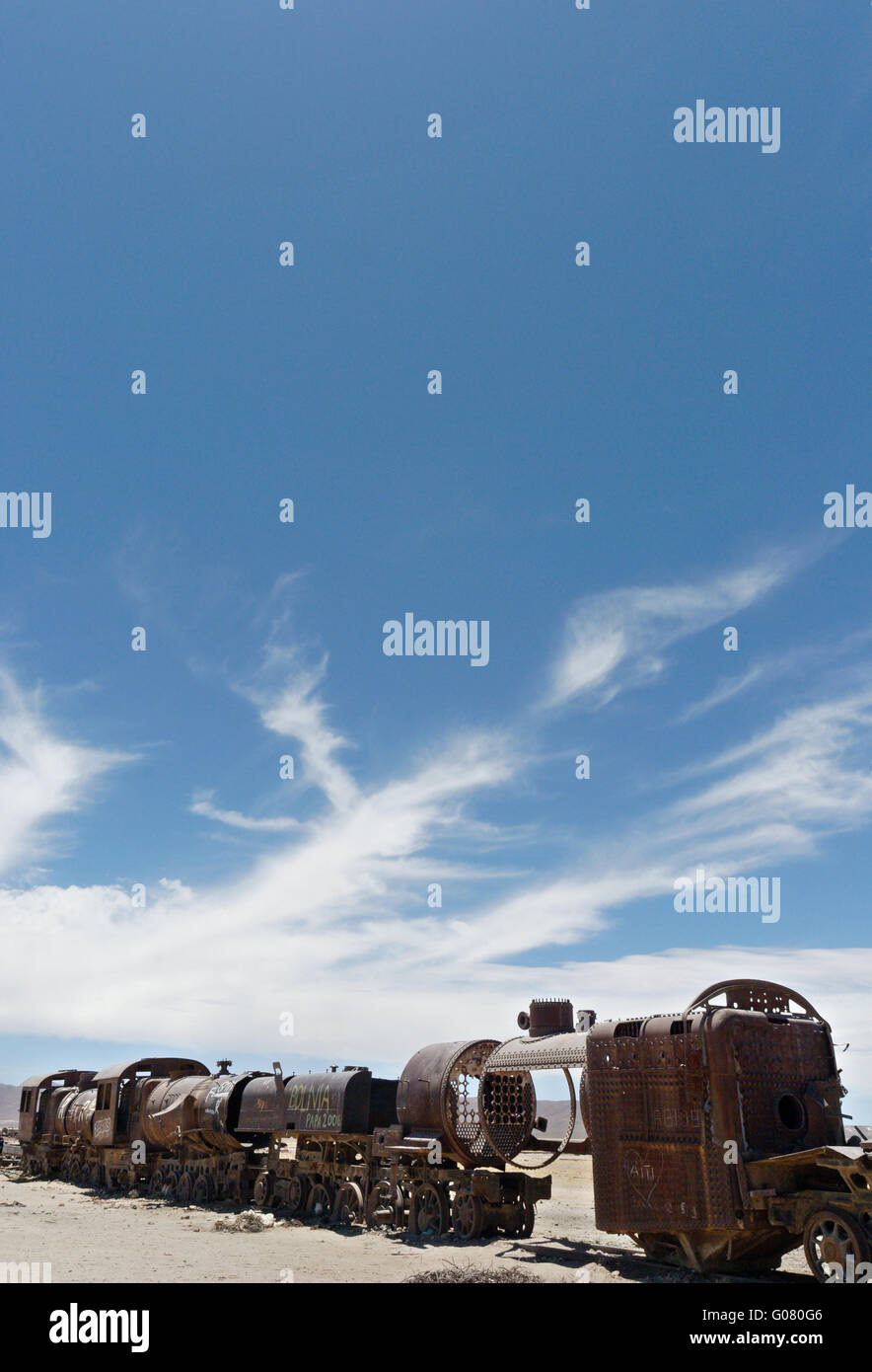 Abandoned trains graveyard in the desert in Bolivia near Uyuni Stock ...
