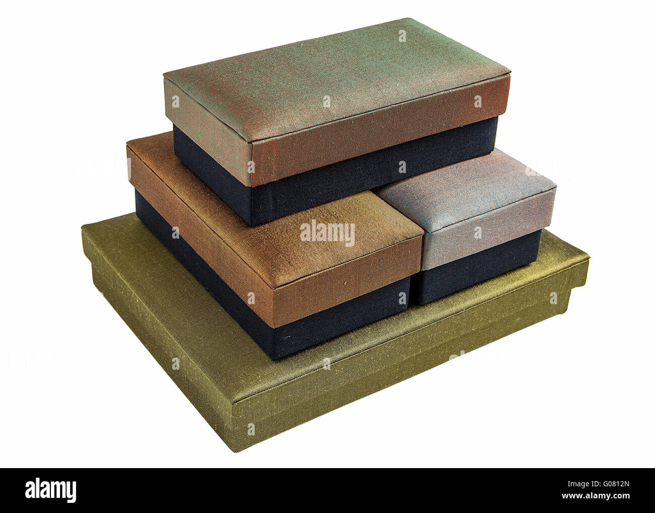 Stacked colored silk gift boxes isolated on white Stock Photo - Alamy