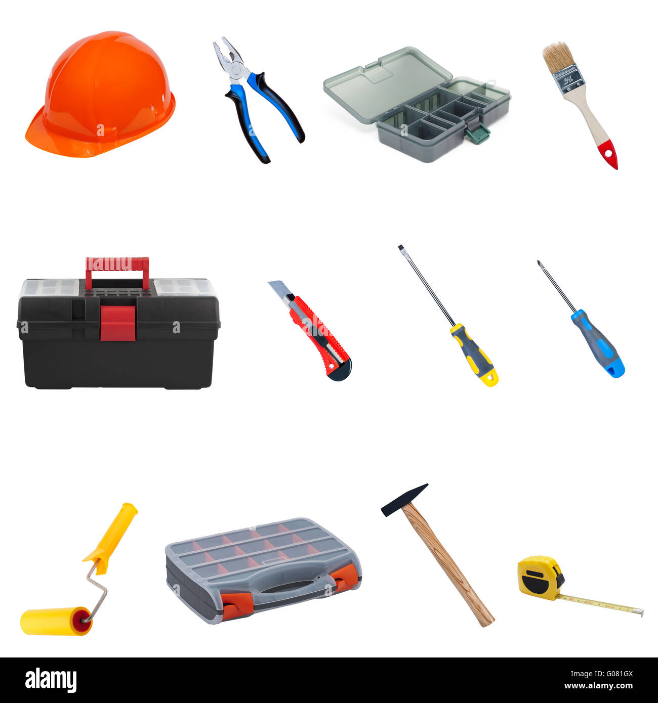 Construction tools and equipment on a white background Stock Photo - Alamy