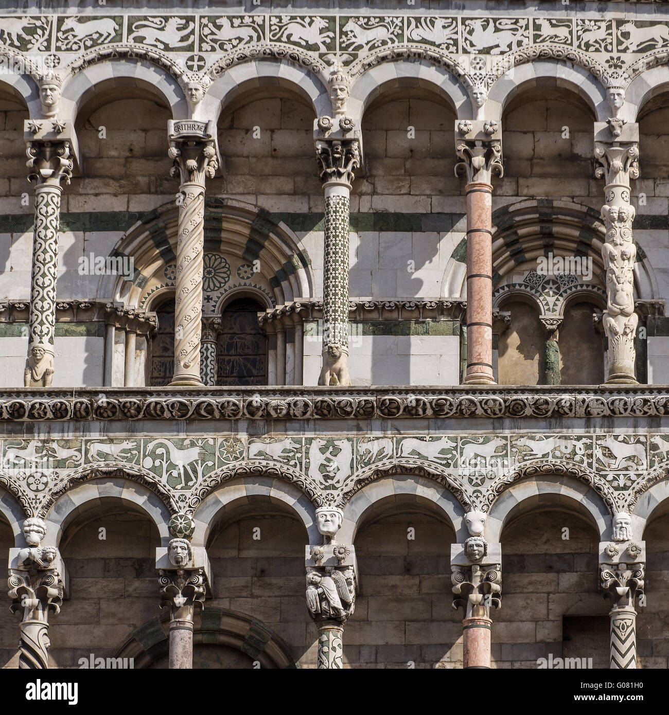 Detail exterior view of Lucca Cathedral (Duomo di Lucca, Cattedrale di ...