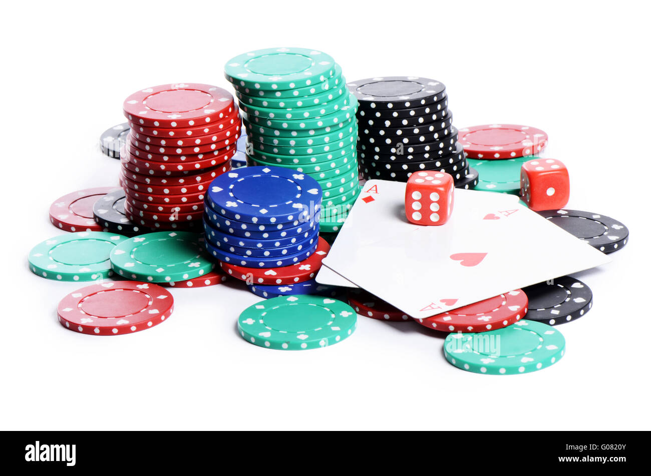 double aces with big stack and dice over white Stock Photo - Alamy