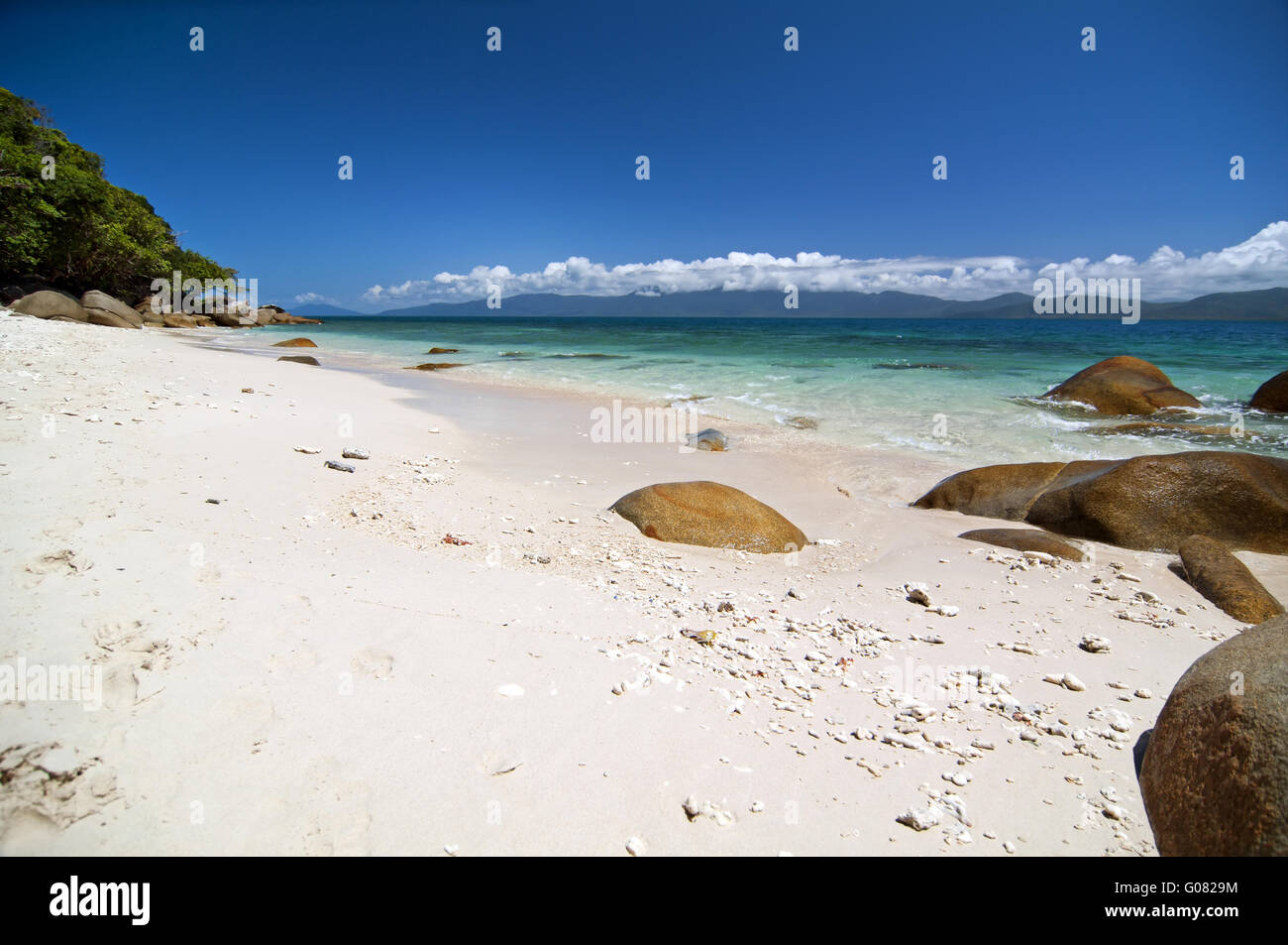 Tropical beach with rocks, tree and clear water Stock Photo - Alamy