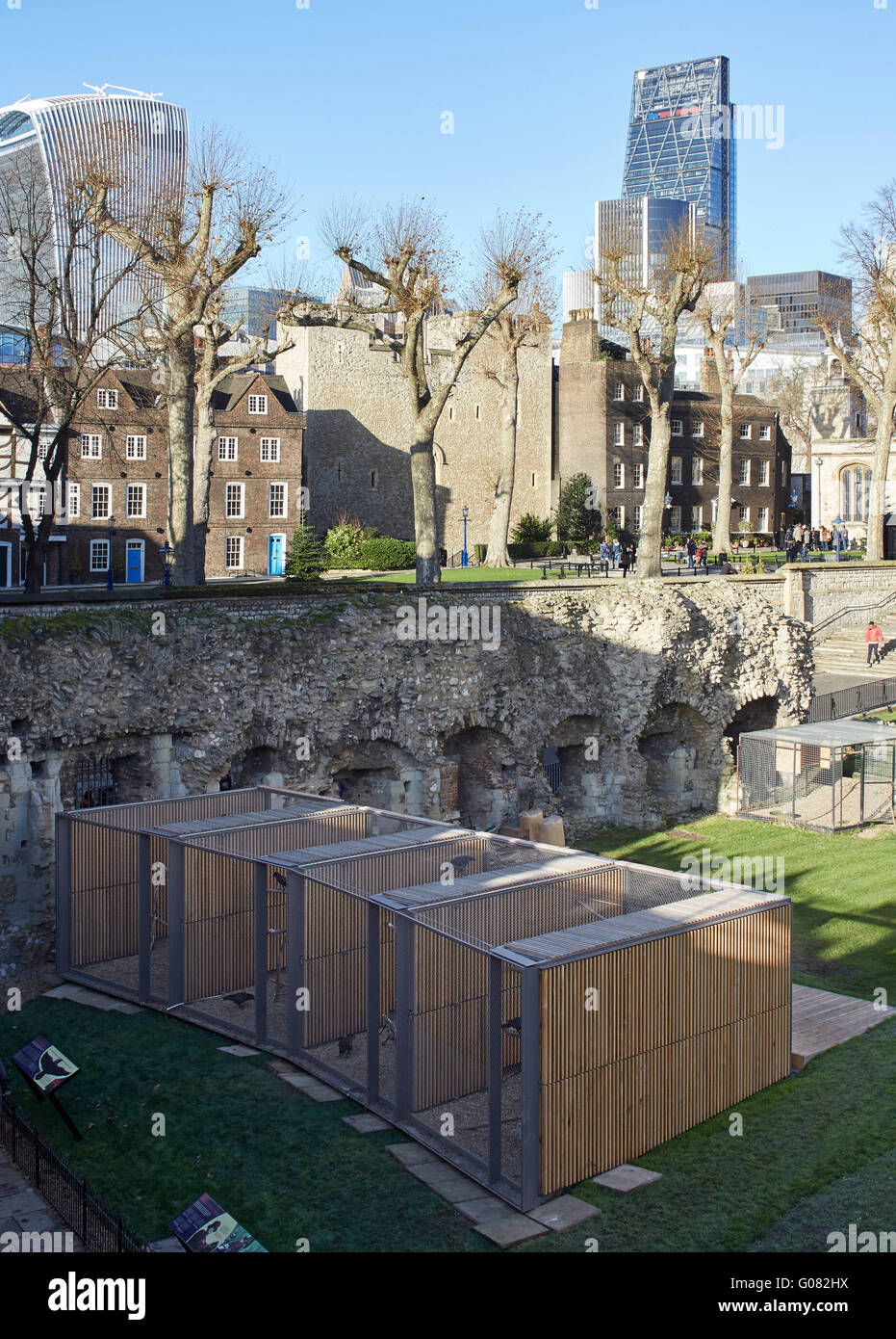 High level view from tower wall with city buildings in background ...