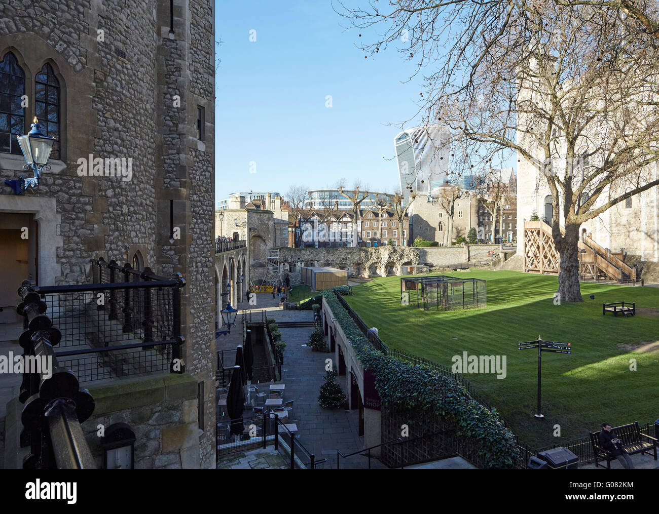 High level view from tower wall with city buildings in background ...