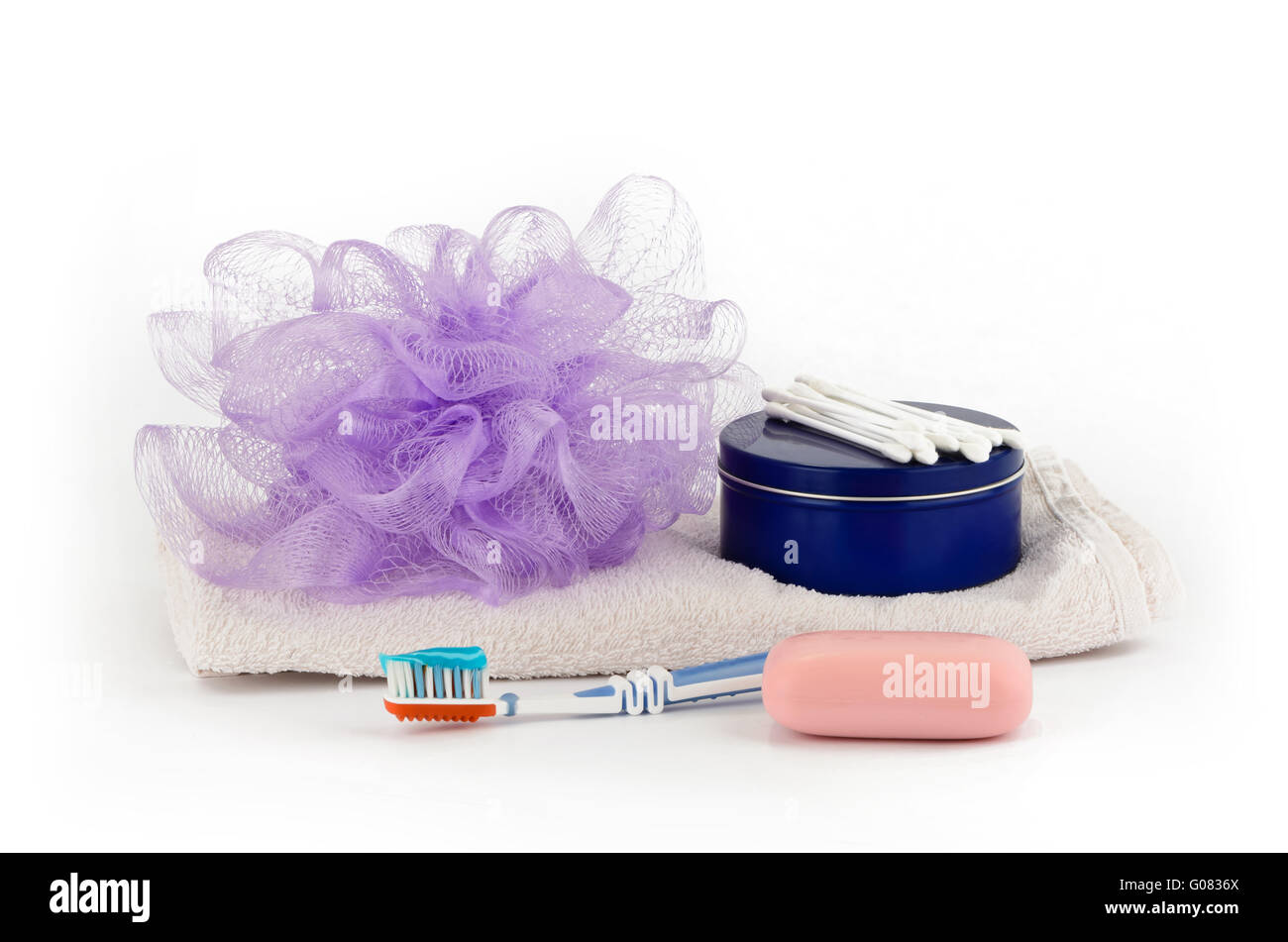 Washcloth, soap, toothbrush and cream Stock Photo - Alamy