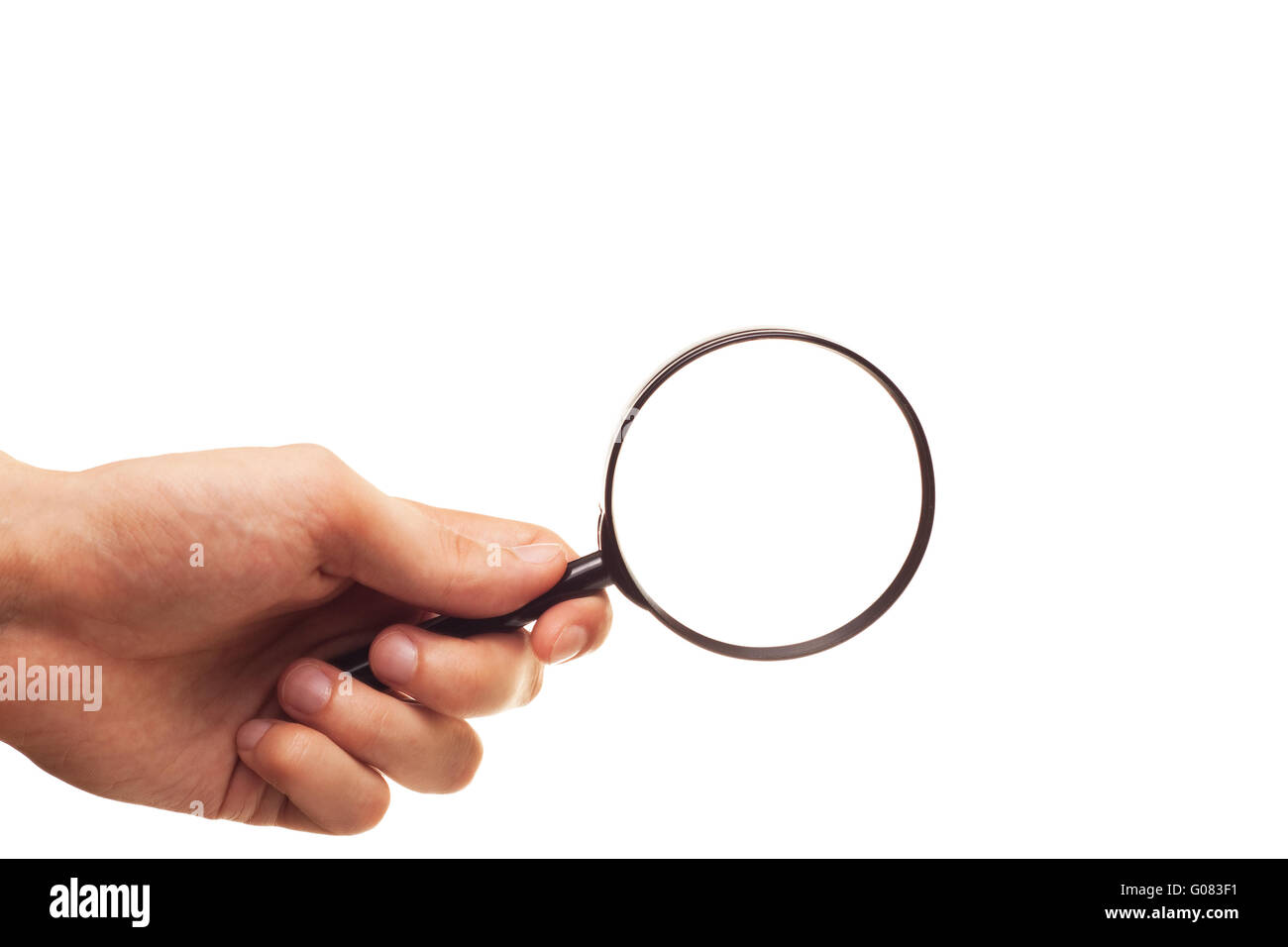 hand with magnifying glass isolated on white backg Stock Photo - Alamy