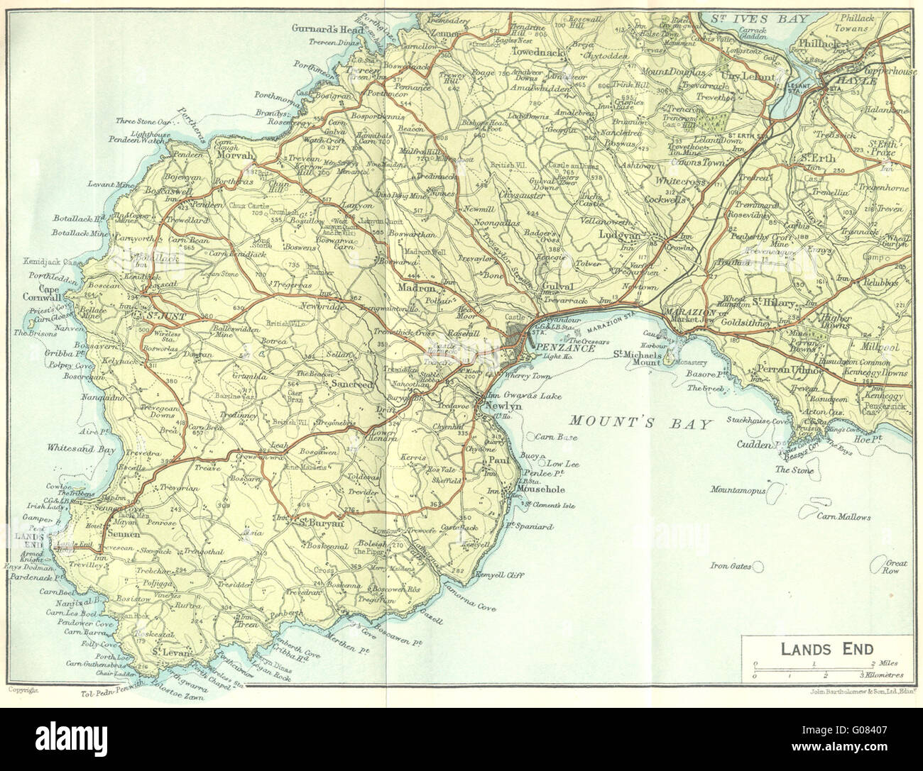 CORNWALL: Land's End, 1924 vintage map Stock Photo - Alamy