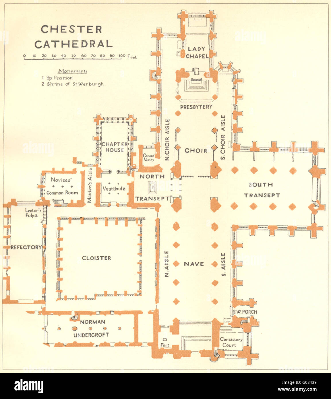 CHESHIRE: Chester cathedral, 1924 vintage map Stock Photo - Alamy