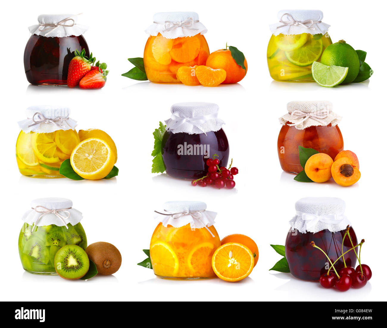 Set of glass jars with exotic fruits jam isolated Stock Photo - Alamy