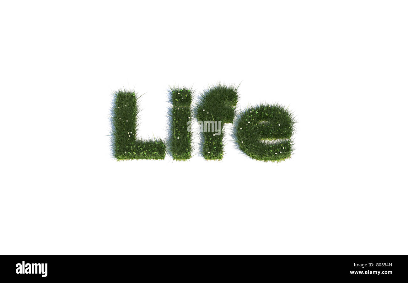 Life: Series fonts out of realistic grass Language E Stock Photo - Alamy