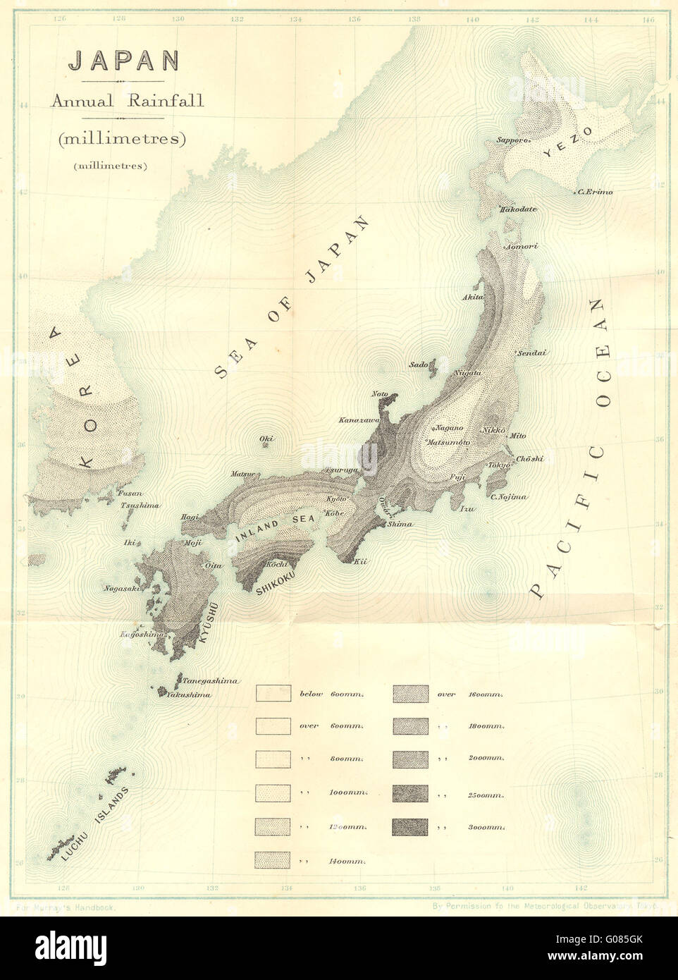 JAPAN: Annual Rainfall(Millimetres), 1907 antique map Stock Photo - Alamy