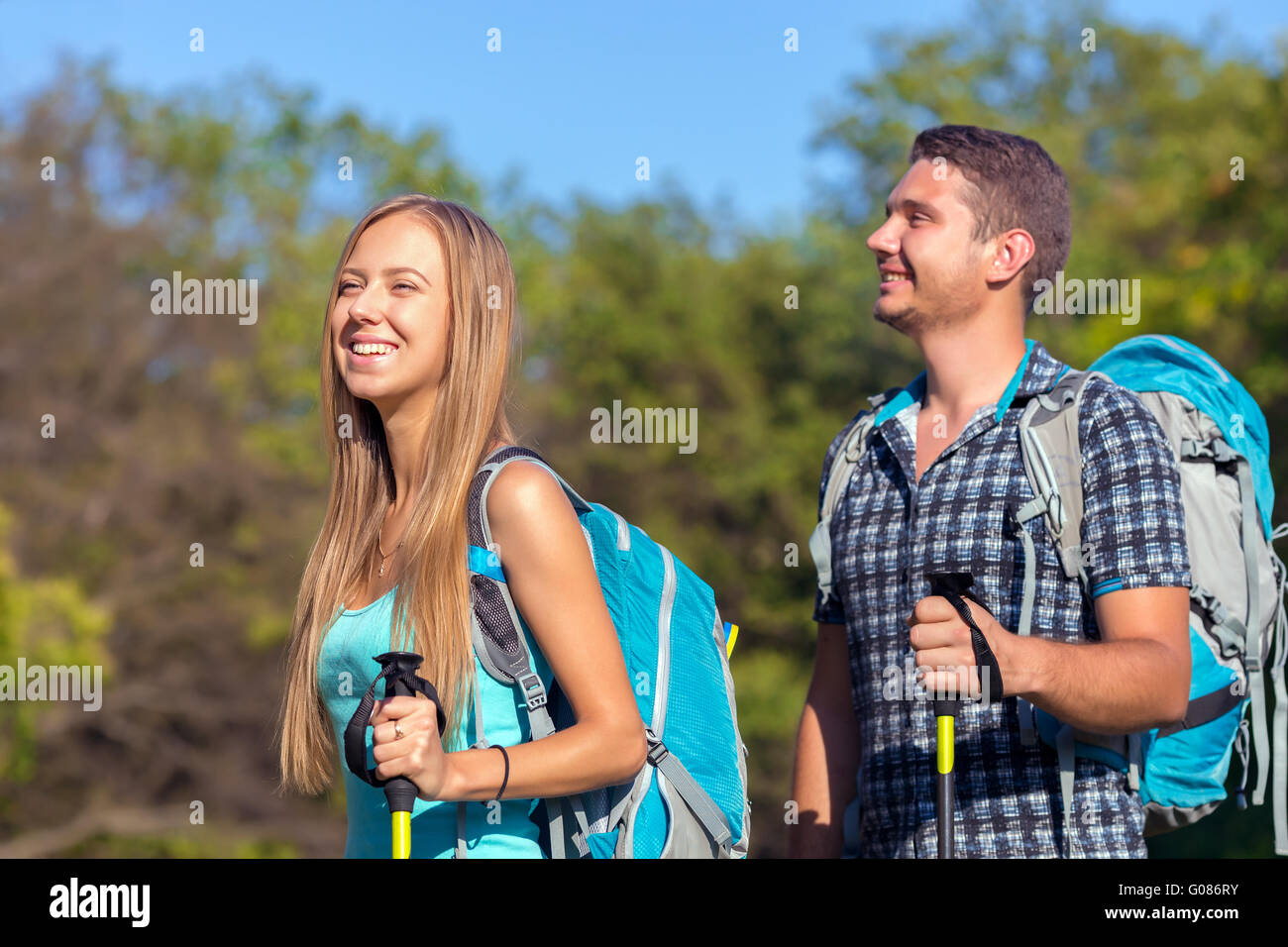 Excited Travelers Young Man and Woman Traveling Outdoor Expressing Fun ...