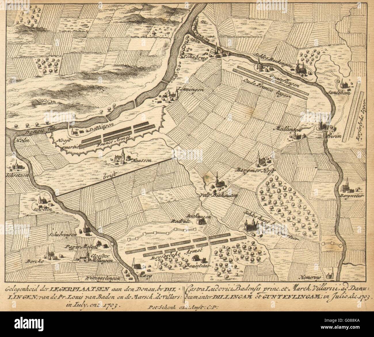 DILLINGEN LEGERPLAATS: Schenk town plan.Germany, 1710 antique map Stock ...