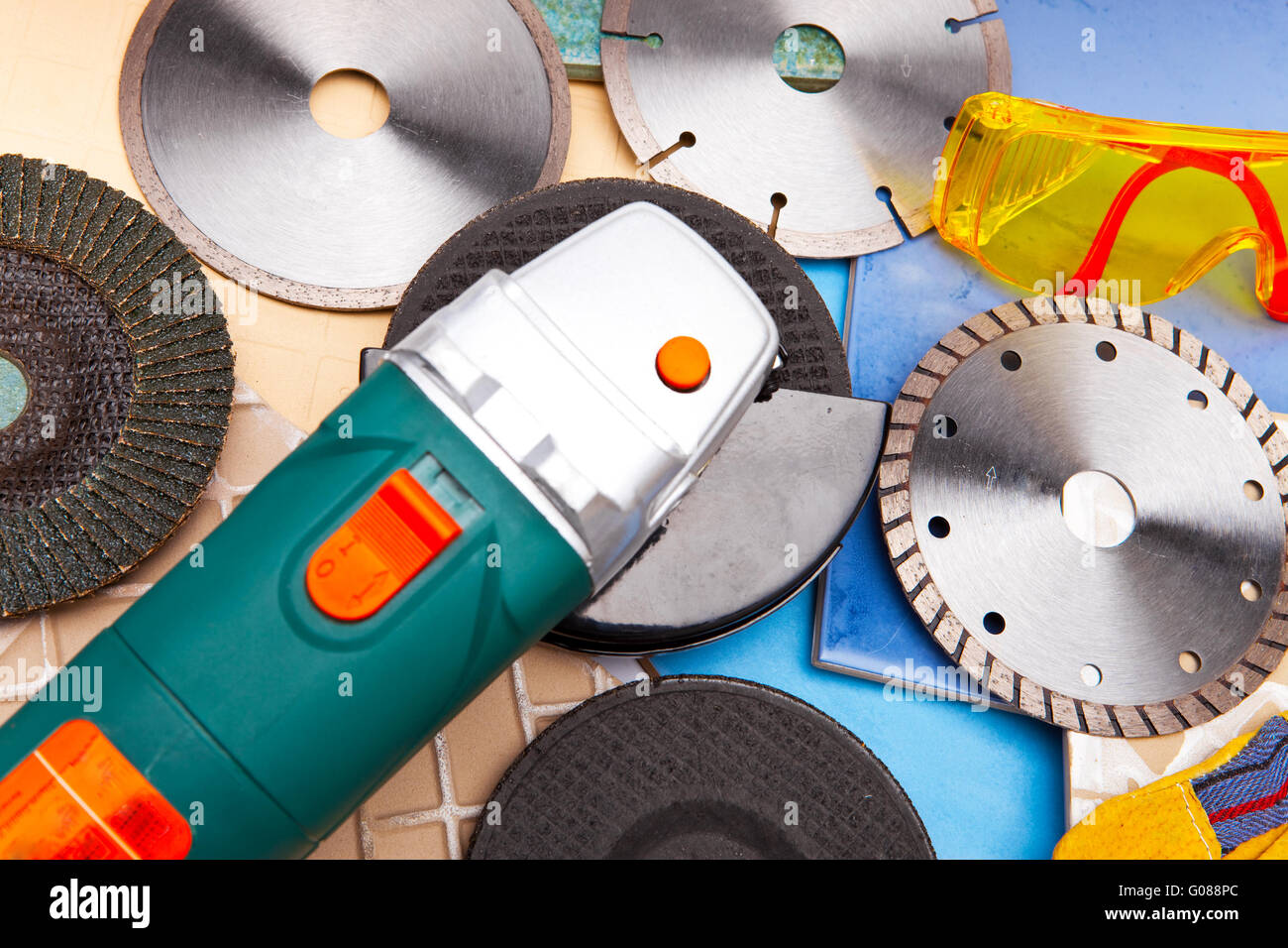 The cutting machine and various detachable disks Stock Photo - Alamy