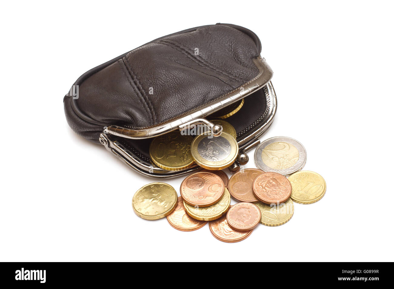 Black leather purse and several euro coins on white background Stock ...