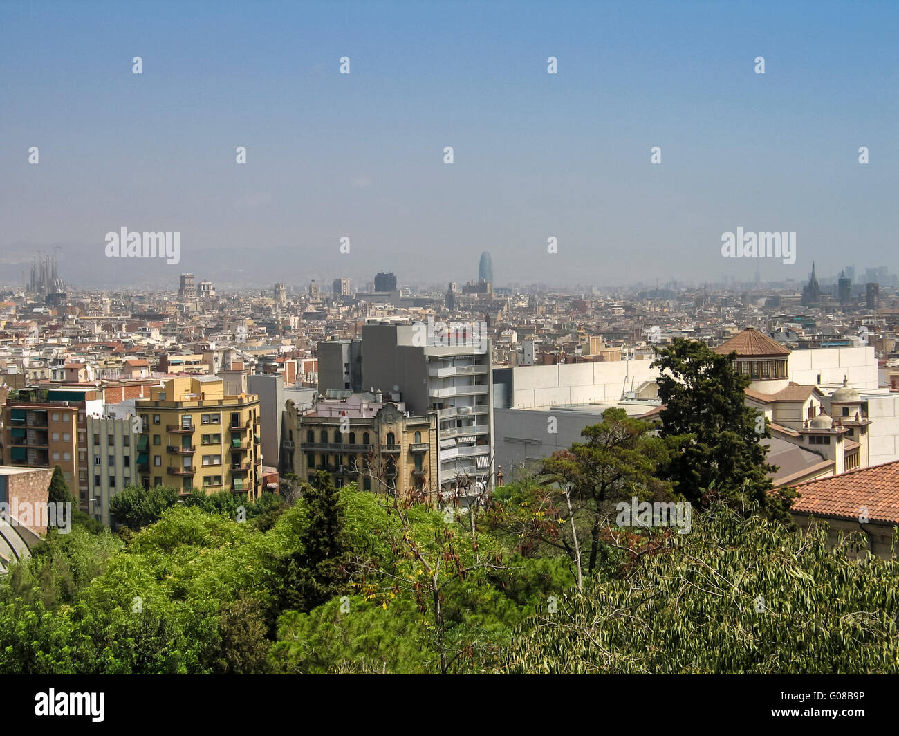 View from Montjuic looking across city of Barcelona, Spain, featuring ...
