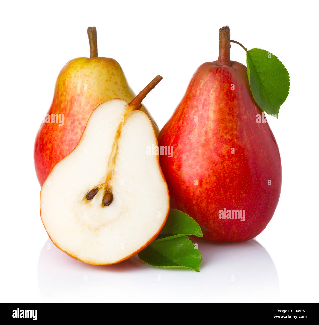 Ripe red pear fruits with green leaves isolated Stock Photo - Alamy