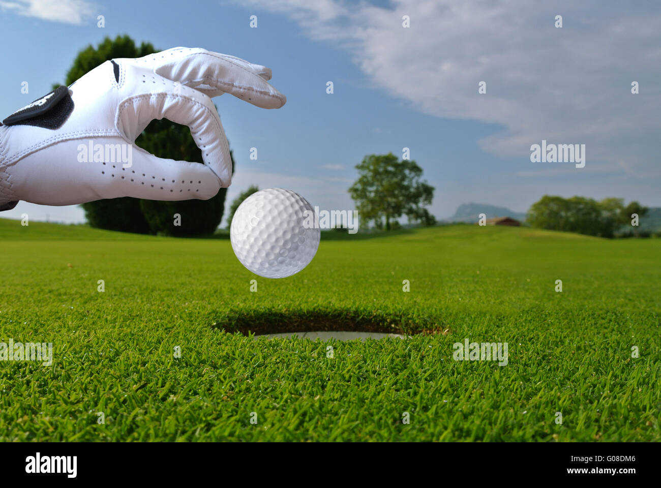 a man push a ball in a golf hole Stock Photo - Alamy