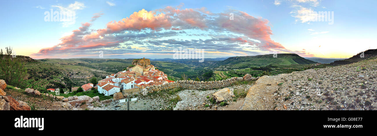 Sunset landscape mountain view of the old town Ares in Spain Stock ...