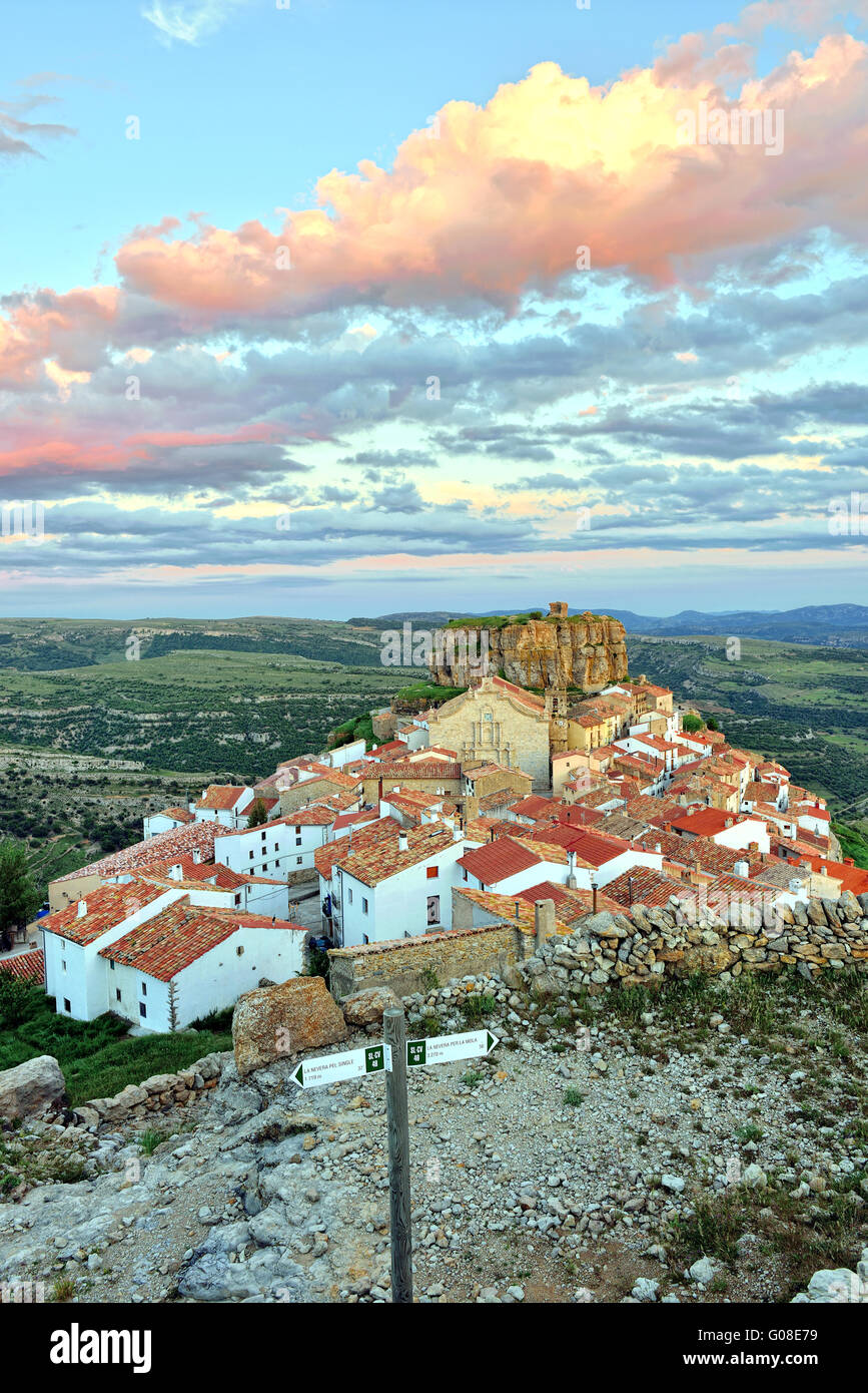 Sunset landscape mountain view of the old town Ares in Spain Stock ...