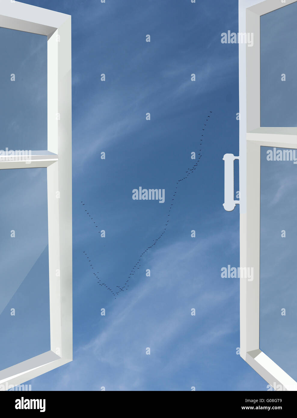 opened window to the blue heaven with white clouds Stock Photo - Alamy