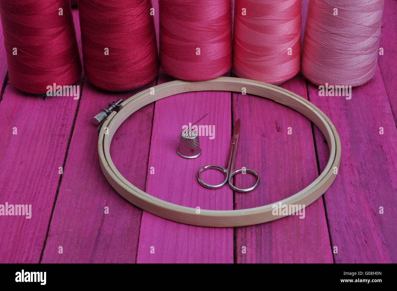 Hoop with threads for hand sewing and embroidery, stylized in violet ...