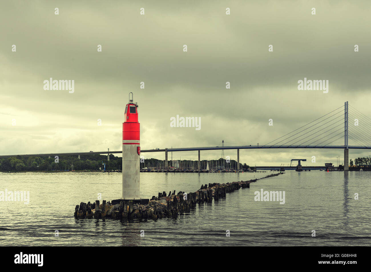 Stralsund harbor with port light and Rügendamm Bri Stock Photo - Alamy