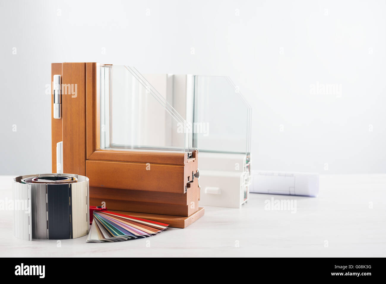 Windows section with triple glazing and wooden frame and shutters ...