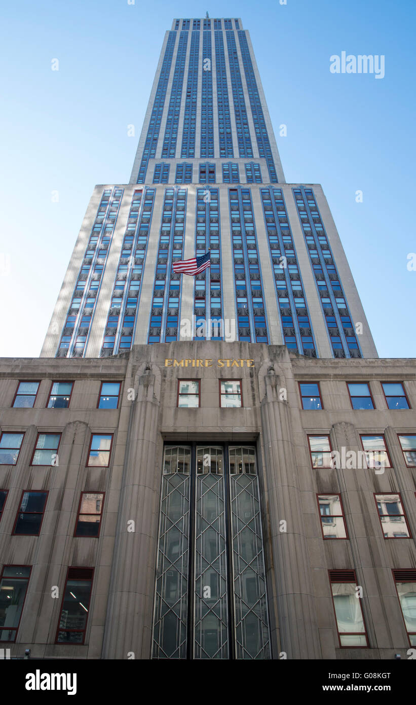 Low angle view of the art deco exterior of the Empire State Building in ...
