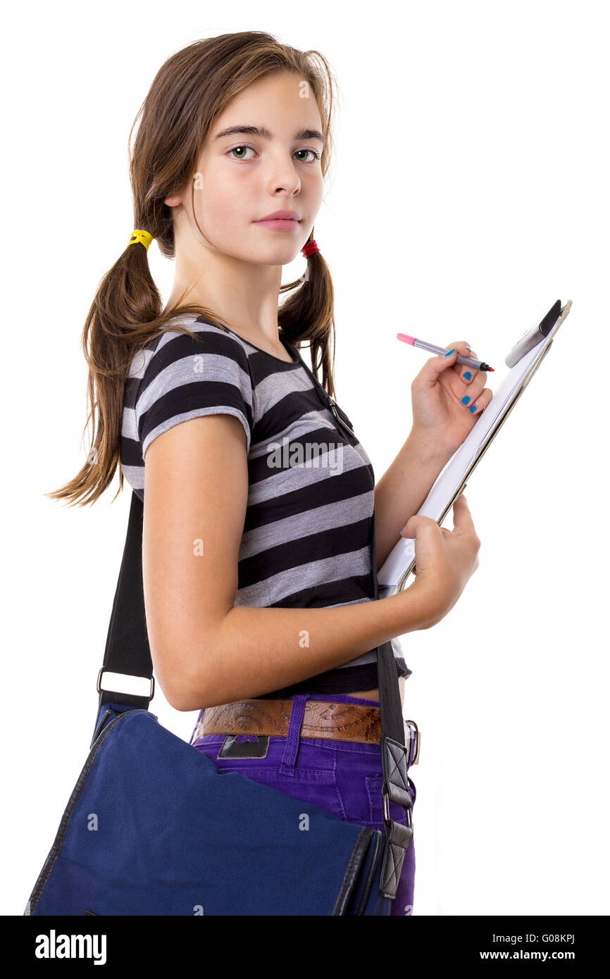 teenage girl writing on a clipboard, isolated on white Stock Photo - Alamy