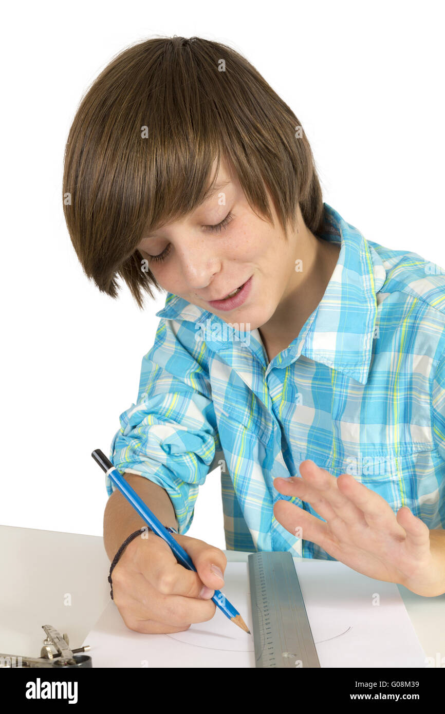 school boy with pencil and ruler, isolated on white Stock Photo - Alamy