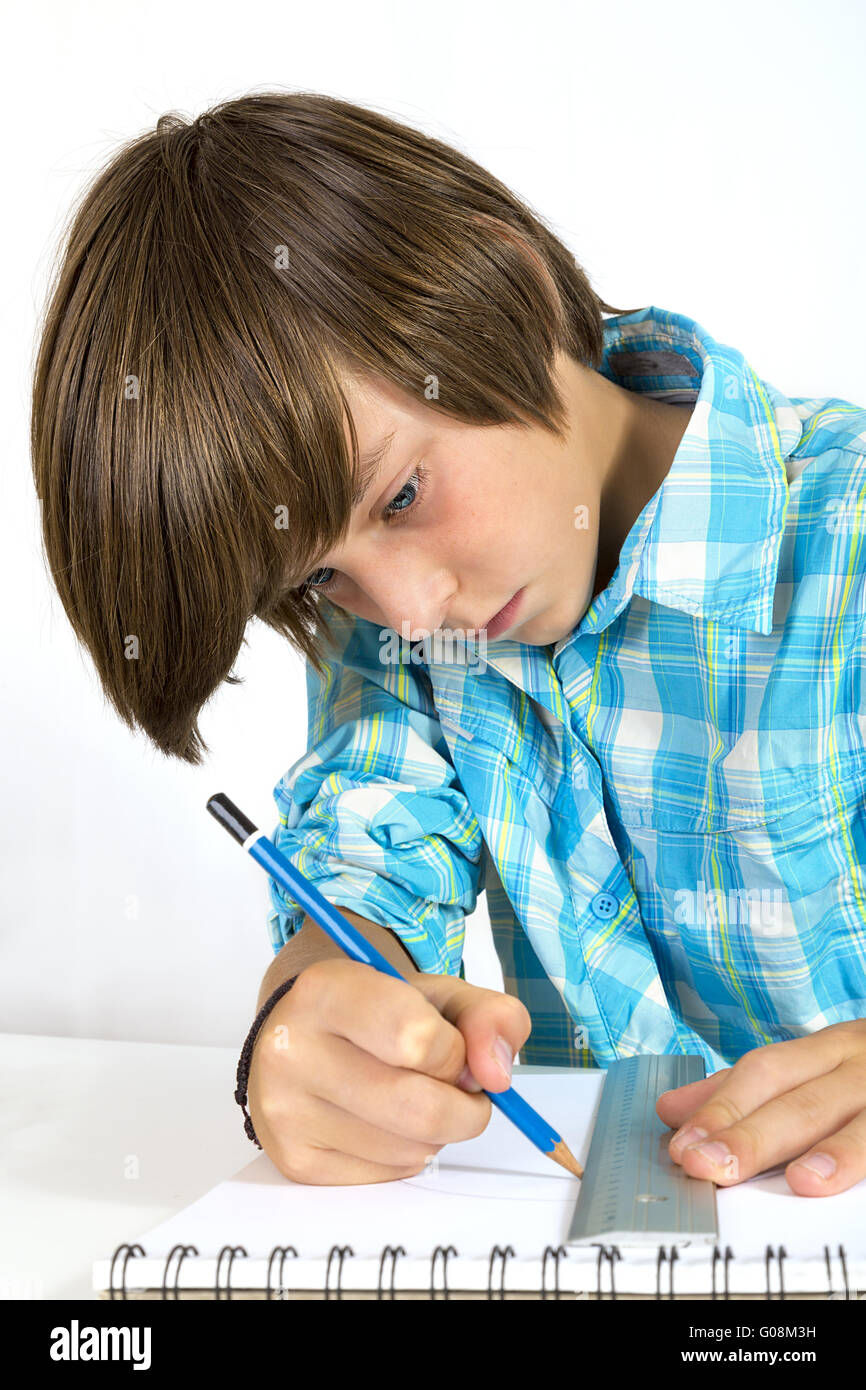 school boy with pencil and ruler, isolated on white Stock Photo - Alamy