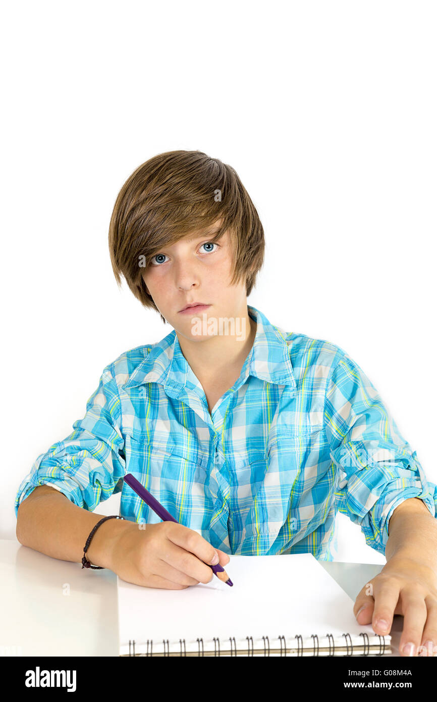 school boy working with a pencil, isolated on white Stock Photo - Alamy