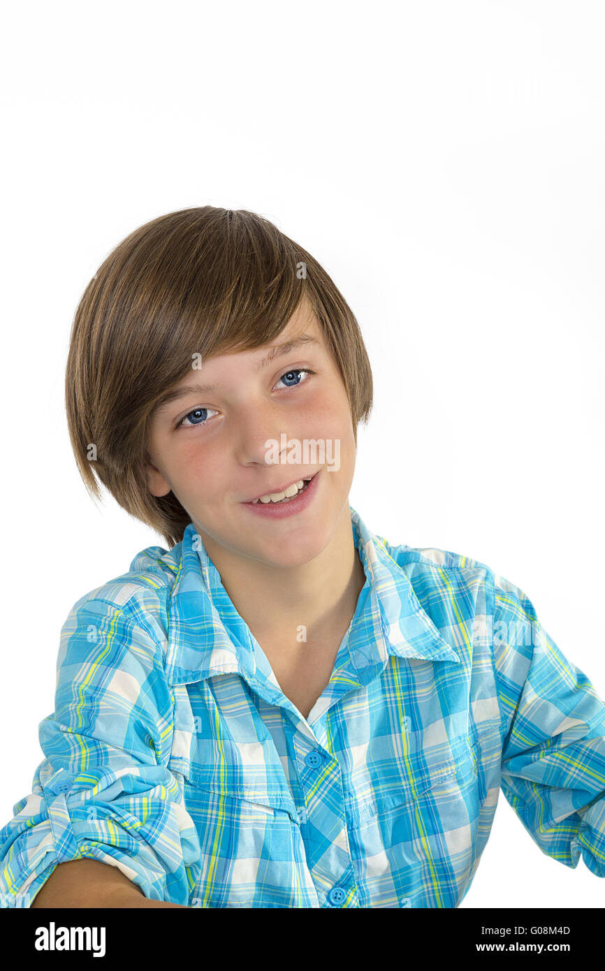 school boy is smiling into the camera, isolated on white Stock Photo ...