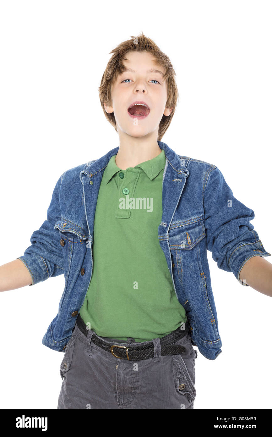 happy teenage boy singing with joy, isolated on white Stock Photo - Alamy