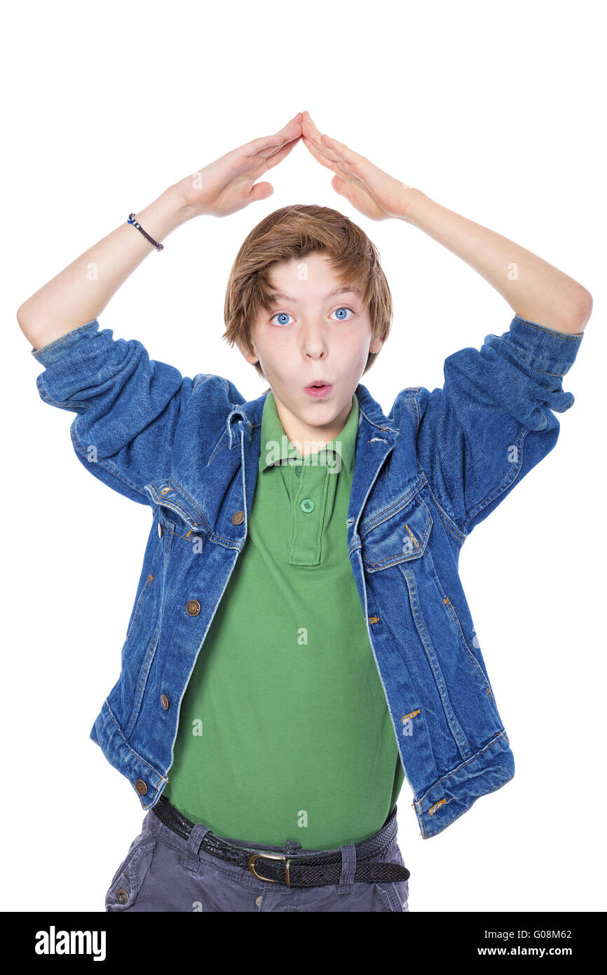 amazed teenage boy forms a roof over his head with his two arms ... amazed teenage boy forms a roof over his head with his two arms ...