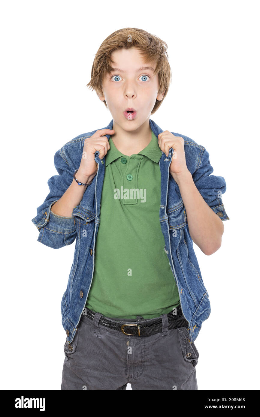 amazed teenage boy with hands on his jacked collar, isolated on white ...